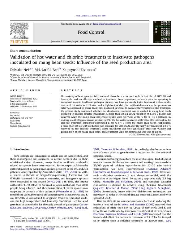 (PDF) Validation of hot water and chlorine treatments to inactivate ...
