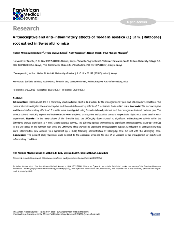 (PDF) Antinocieptive and anti-inflammatory effects of Toddalia asiatica ...