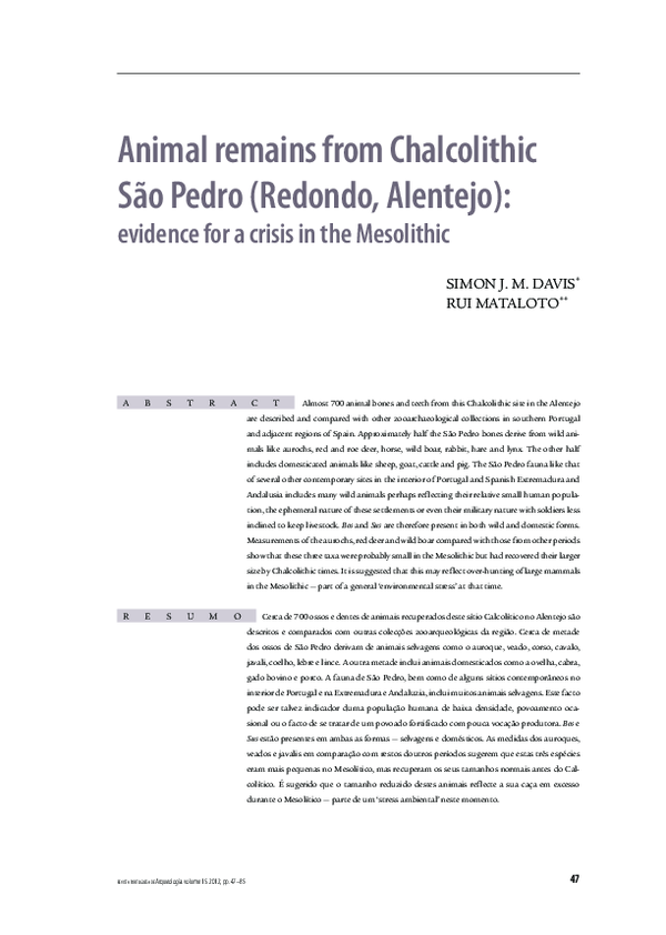 (PDF) Animal remains from Chalcolithic São Pedro (Redondo, Alentejo ...