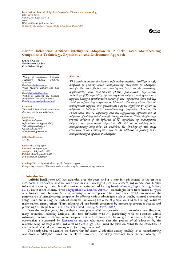 (PDF) Factors Influencing Artificial Intelligence Adoption in Publicly Listed Manufacturing ...