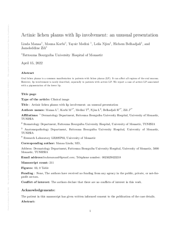 (PDF) Actinic lichen planus with lip involvement: an unusual ...