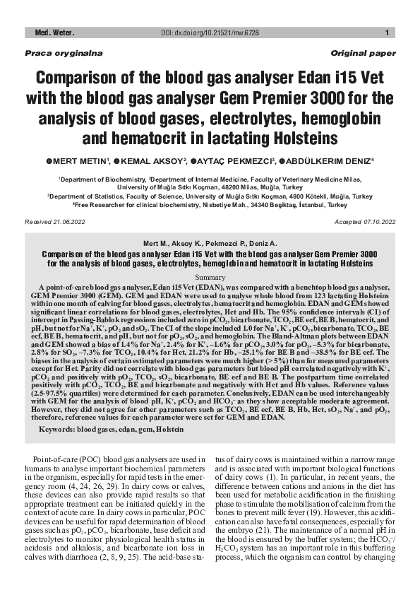 (PDF) Comparison of the blood gas analyser Edan i15 Vet with the blood ...