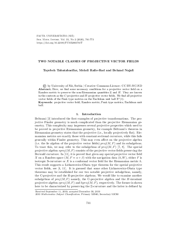 (PDF) Two Notable Classes of Projective Vector Fields | Behzad Najafi ...