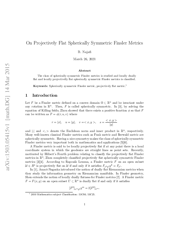 (PDF) On Projectively Flat Spherically Symmetric Finsler Metrics ...