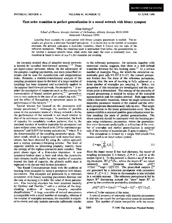 Pdf First Order Transition To Perfect Generalization In A Neural Network With Binary Synapses