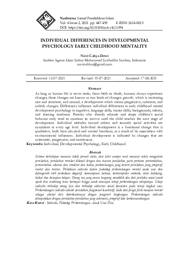 (PDF) Individual Differences in Developmental Psychology Early ...