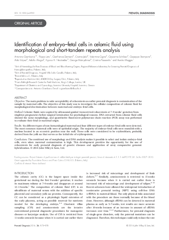 (PDF) Identification of embryo-fetal cells in celomic fluid using ...