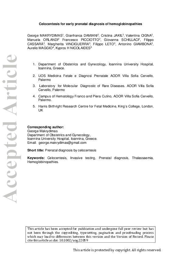 (PDF) Celocentesis for early prenatal diagnosis of hemoglobinopathy