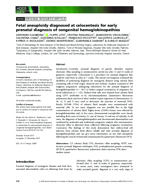 (PDF) Fetal aneuploidy diagnosed at celocentesis for early prenatal ...