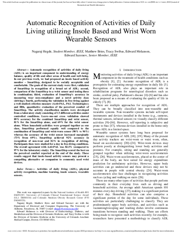 (PDF) Automatic Recognition of Activities of Daily Living Utilizing Insole-Based and Wrist-Worn ...