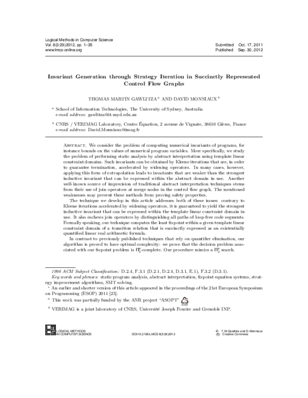 (PDF) Invariant Generation through Strategy Iteration in Succinctly Represented Control Flow Graphs