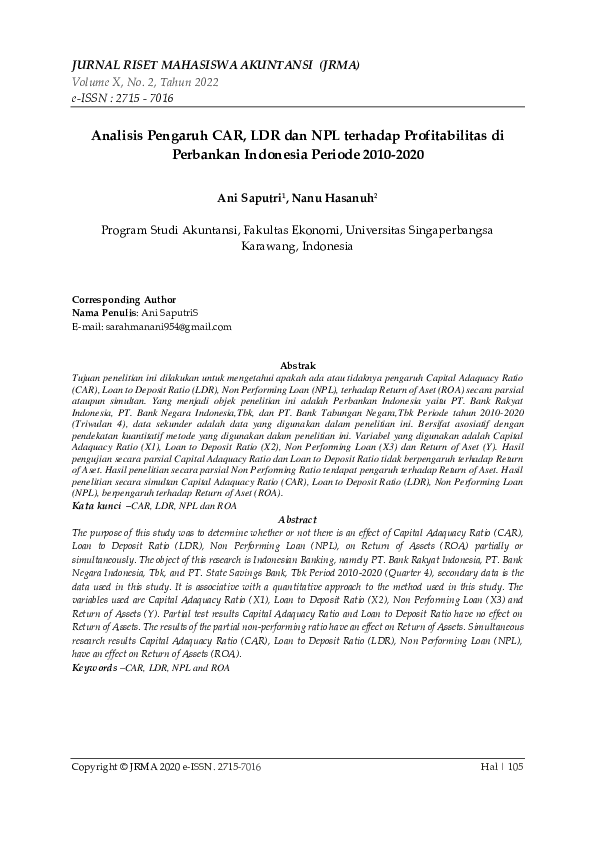 (PDF) Analisis Pengaruh Car, LDR Dan NPL Terhadap Profitabilitas DI Perbankan Indonesia Periode ...