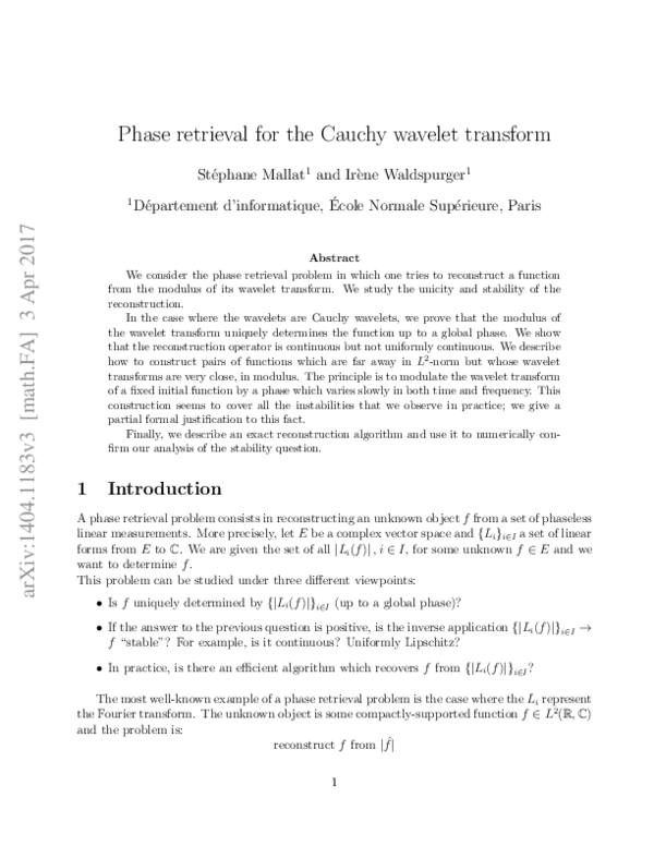 Pdf Phase Retrieval For The Cauchy Wavelet Transform 1716