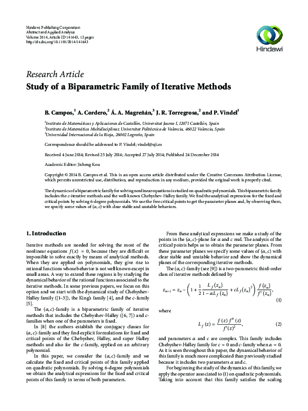 (PDF) Study of a Biparametric Family of Iterative Methods | B. Campos - Academia.edu