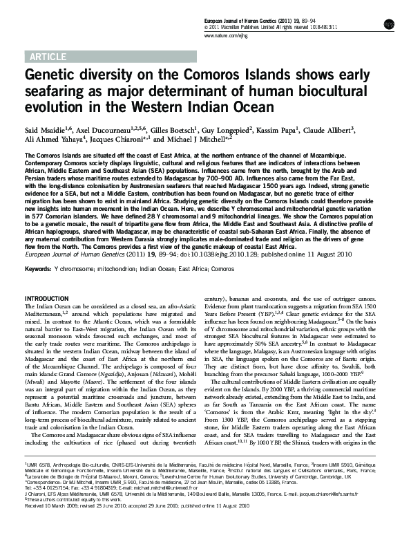 (PDF) Genetic diversity on the Comoros Islands shows early seafaring as ...