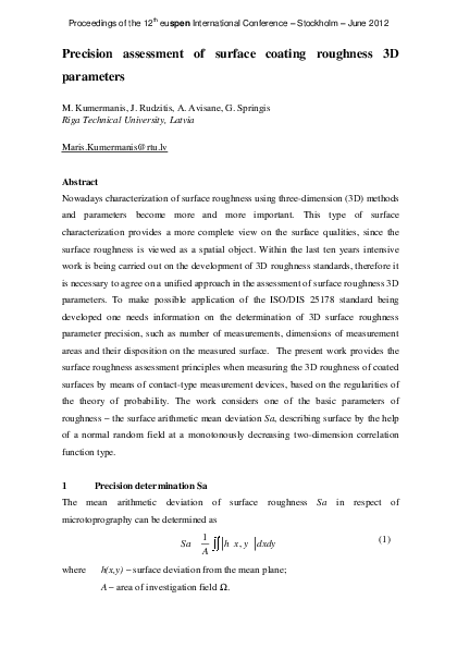 (PDF) Precision assessment of surface coating roughness 3D parameter St