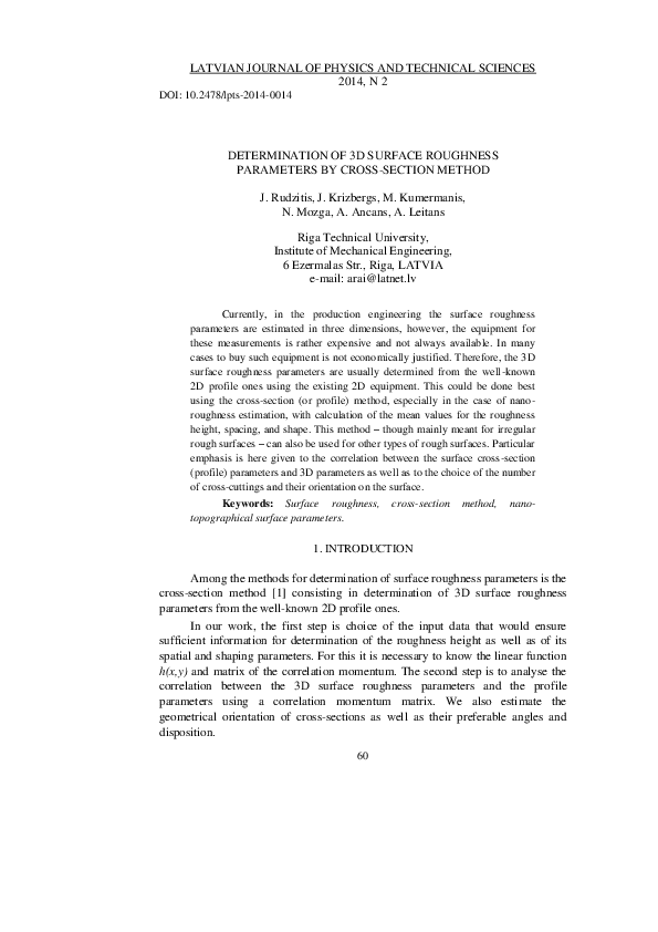 (PDF) Determination of 3D Surface Roughness Parameters by Cross-Section Method