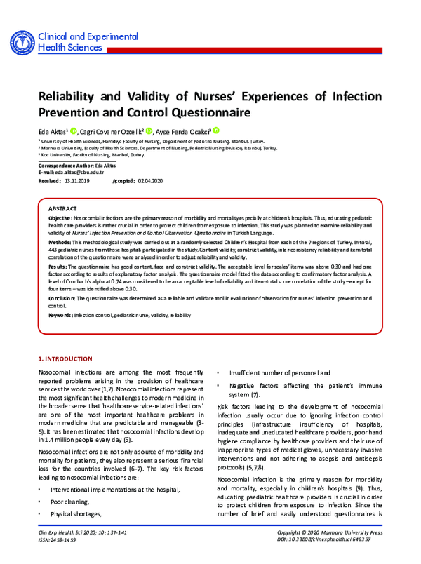 (PDF) Reliability and Validity of Nurses’ Experiences of Infection Prevention and Control ...
