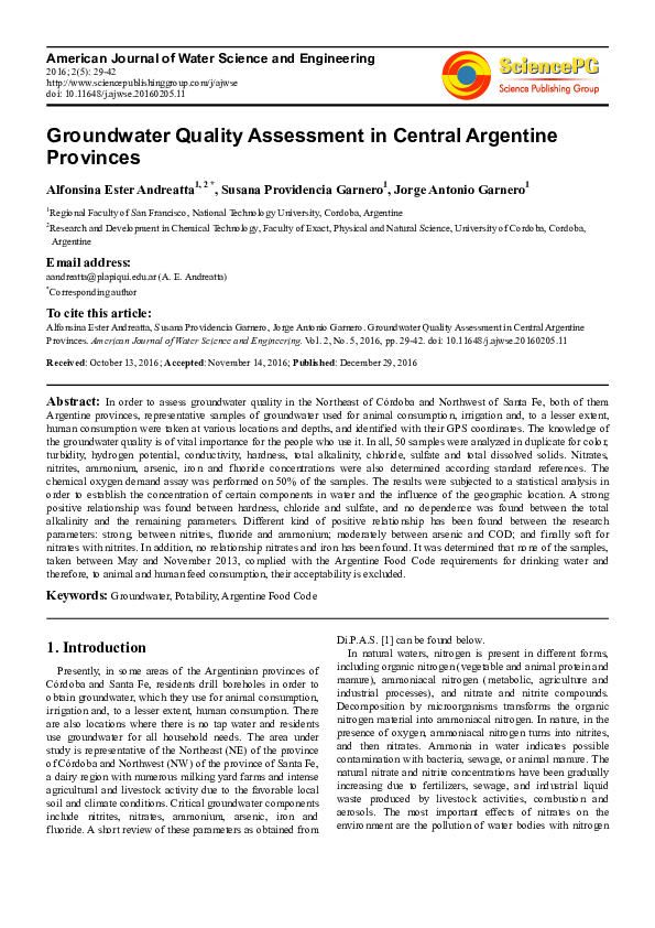 (PDF) Groundwater Quality Assessment in Central Argentine Provinces