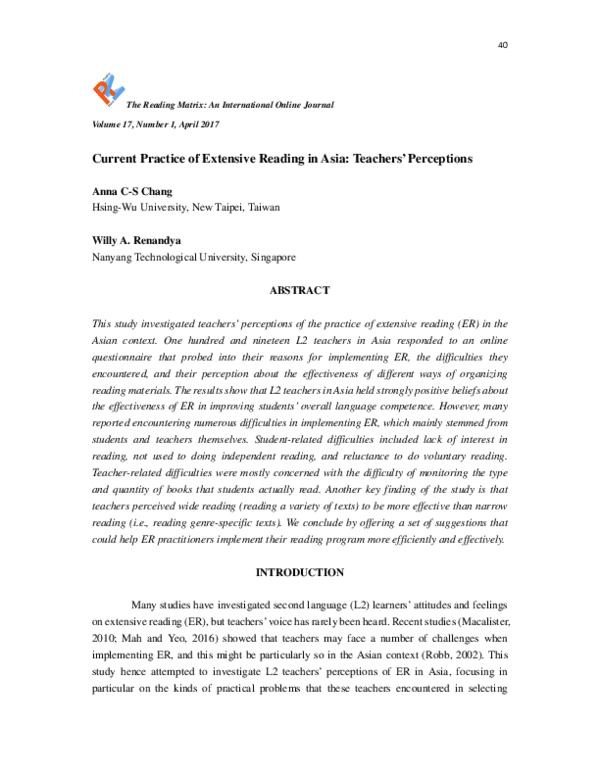 (PDF) Current Practice of Extensive Reading in Asia: Teachers' Perceptions