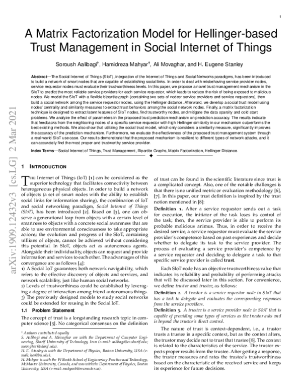 Pdf A Matrix Factorization Model For Hellinger Based Trust Management In Social Internet Of Things