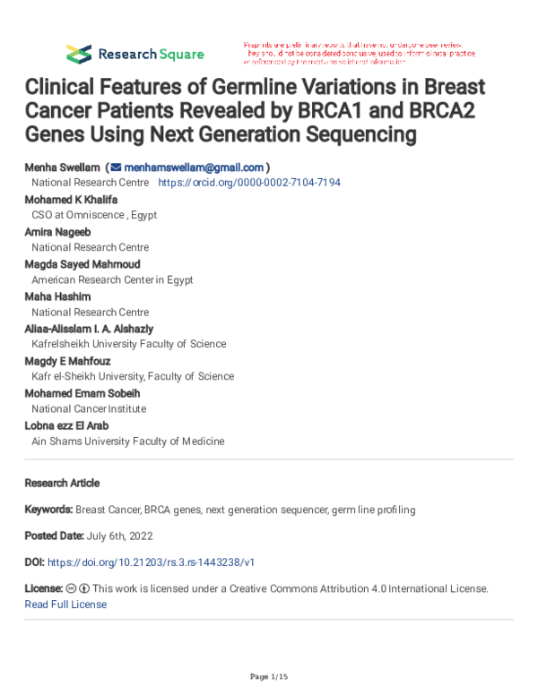 Pdf Clinical Features Of Germline Variations In Breast Cancer Patients Revealed By Brca1 And