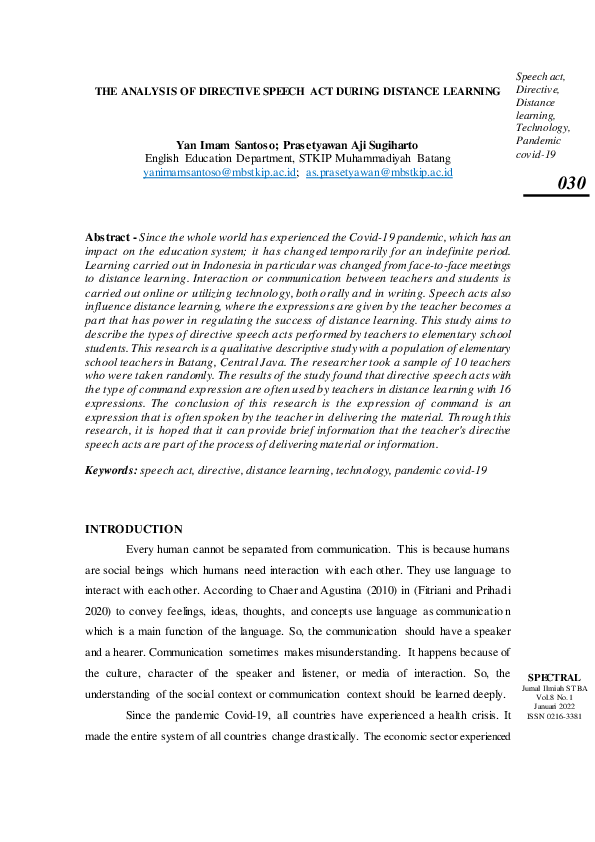 (PDF) The Analysis of Directive Speech Act During Distance Learning