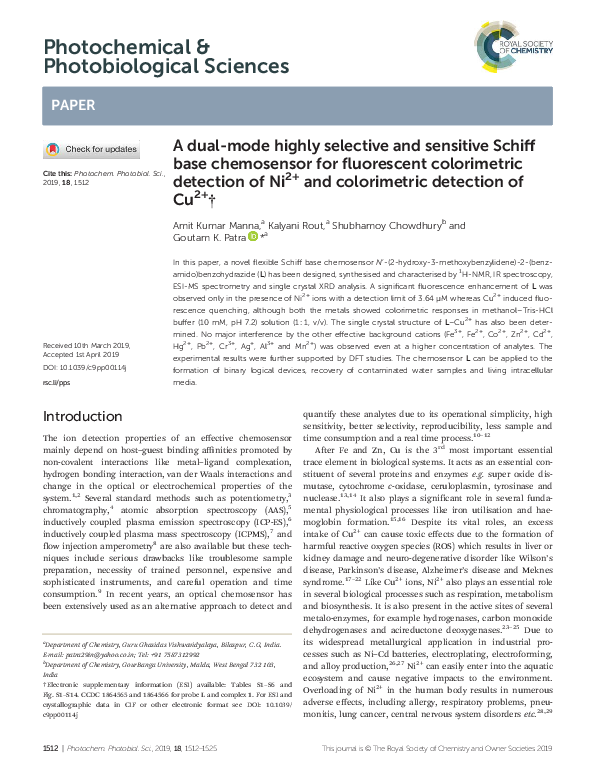 Pdf A Dual Mode Highly Selective And Sensitive Schiff Base Chemosensor For Fluorescent
