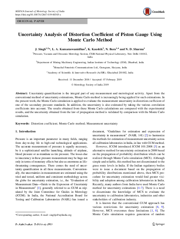 (PDF) Uncertainty Analysis of Distortion Coefficient of Piston Gauge Using Monte Carlo Method