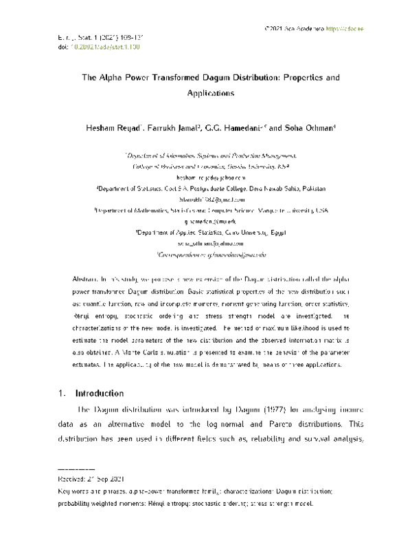 Pdf The Alpha Power Transformed Dagum Distribution Properties And