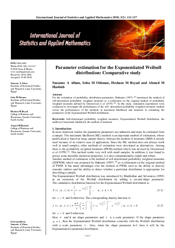 (PDF) Parameter estimation for the Exponentiated Weibull distribution: Comparative study