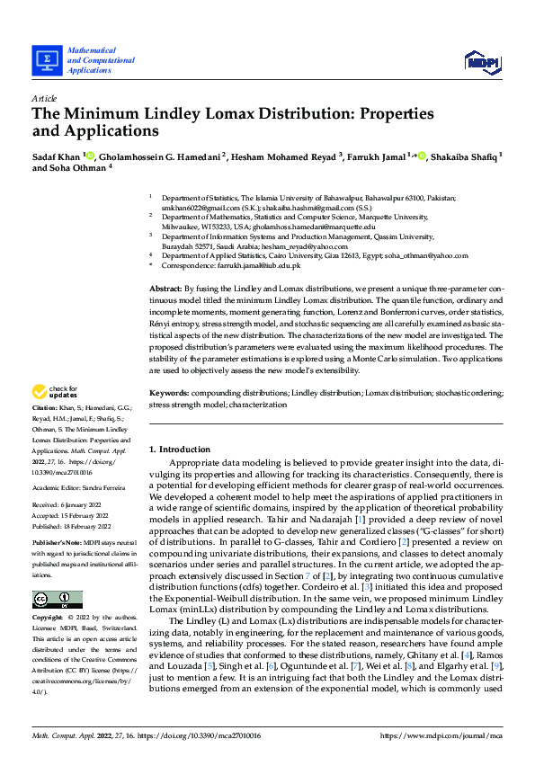 Pdf The Minimum Lindley Lomax Distribution Properties And