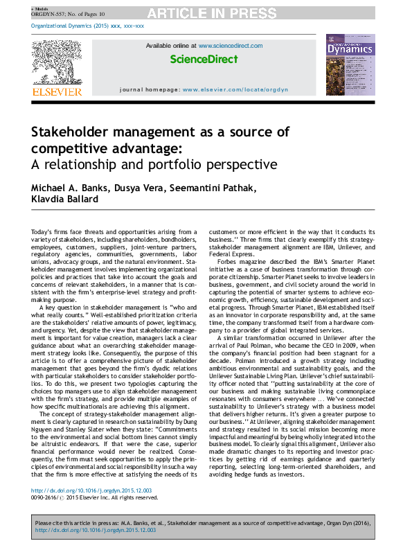 (PDF) Stakeholder management as a source of competitive advantage