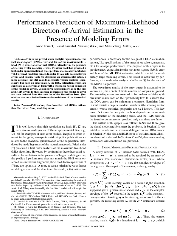 Pdf Performance Prediction Of Maximum Likelihood Direction Of Arrival