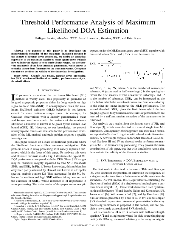 (PDF) Threshold Performance Analysis of Maximum Likelihood DOA Estimation