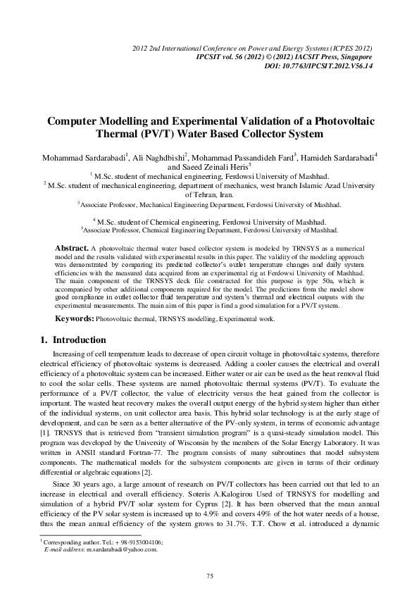 Pdf Computer Modelling And Experimental Validation Of A Photovoltaic Thermal Pv T Water