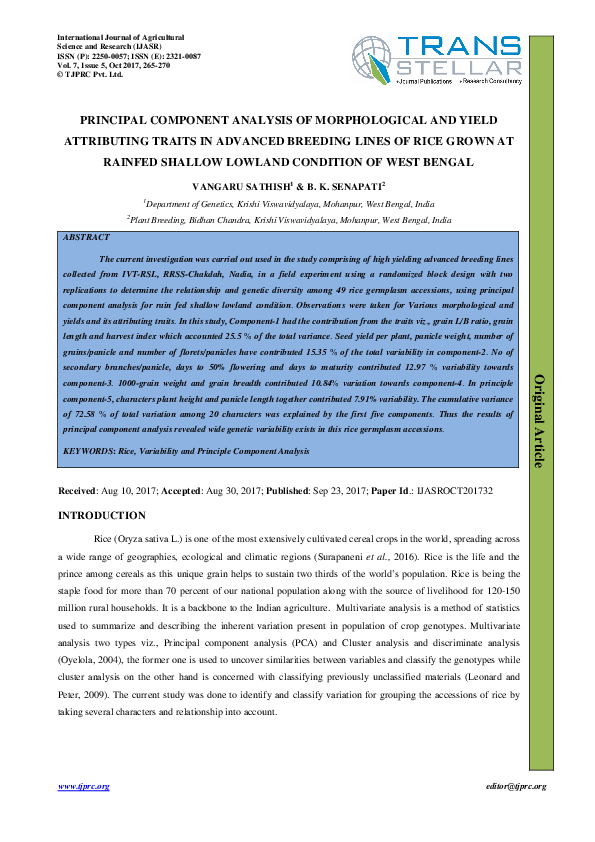 Pdf Principal Component Analysis Of Morphological And Yield Attributing Traits In Advanced