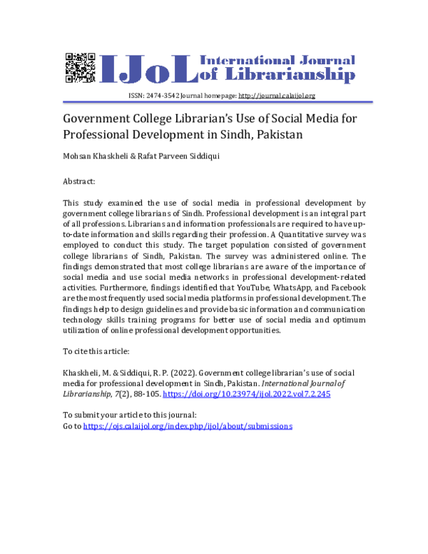 (PDF) Social Media Use for Professional Development by Sindh Librarians