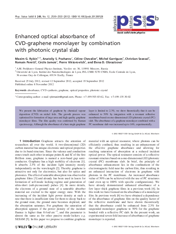 (PDF) Enhanced optical absorbance of CVD-graphene monolayer by combination with photonic crystal ...