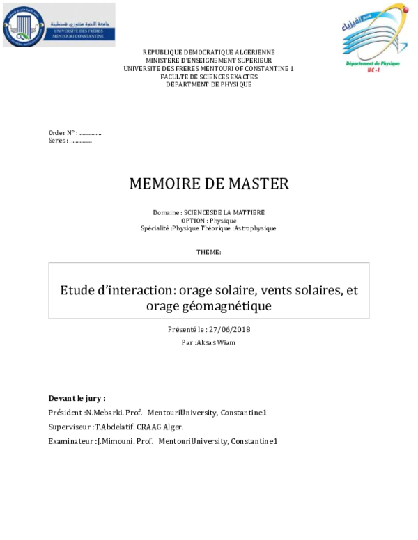 (PDF) Mémoire Master 2 Etude de l'interaction: orage solaire, vents solaires, et orage ...