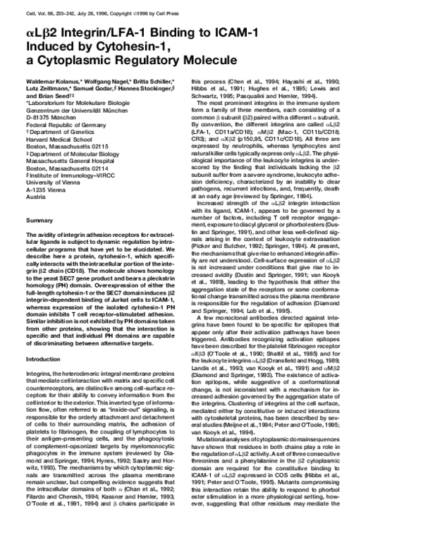 (PDF) αLβ2 Integrin/LFA-1 Binding to ICAM-1 Induced by Cytohesin-1, a ...