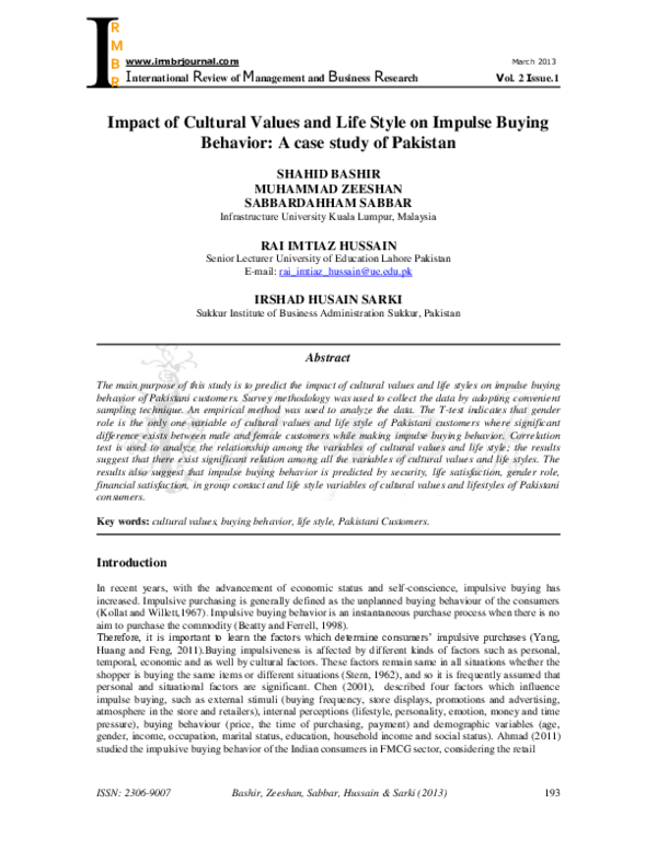 (PDF) Impact of Cultural Values and Life Style on Impulse Buying Behavior: A case study of Pakistan