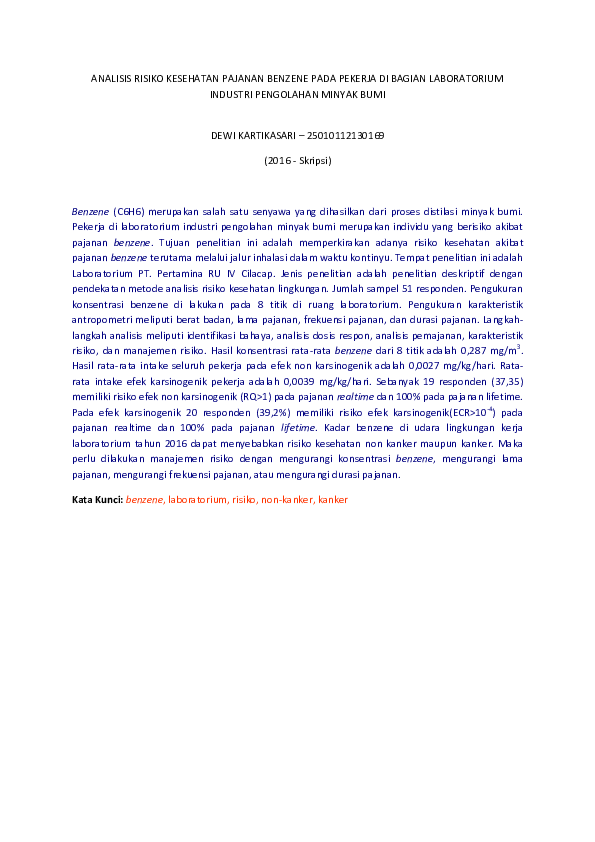 (PDF) Analisis Risiko Kesehatan Pajanan Benzene Pada Pekerja DI Bagian ...