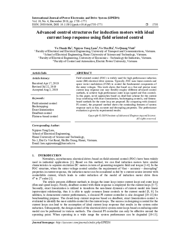 Pdf Advanced Control Structures For Induction Motors With Ideal Current Loop Response Using
