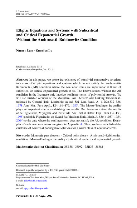 (PDF) Elliptic Equations and Systems with Subcritical and Critical Exponential Growth Without ...