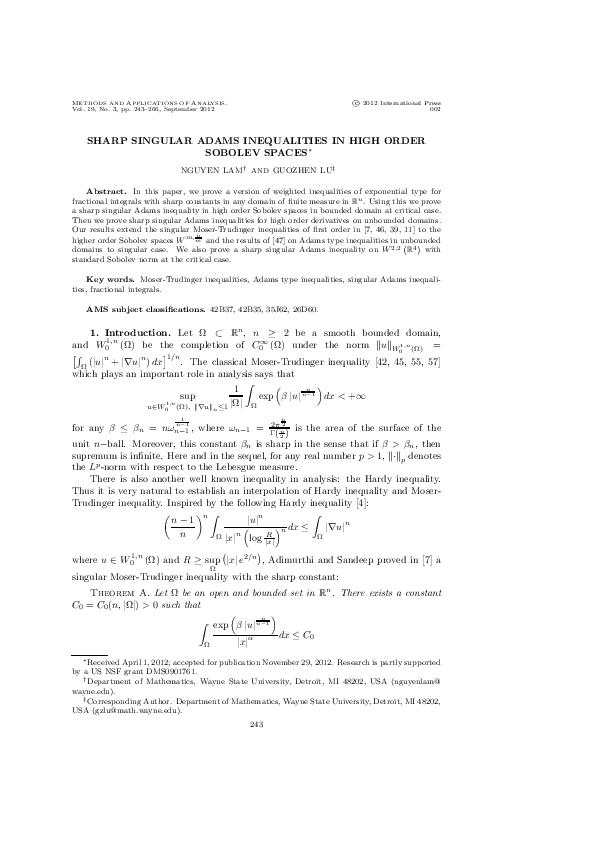 (PDF) Sharp singular Adams inequalities in high order Sobolev spaces
