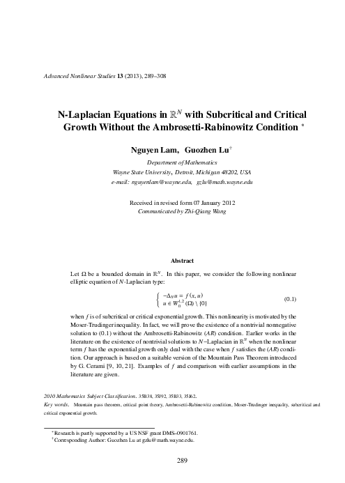 (PDF) N-Laplacian Equations in ℝN with Subcritical and Critical GrowthWithout the Ambrosetti ...