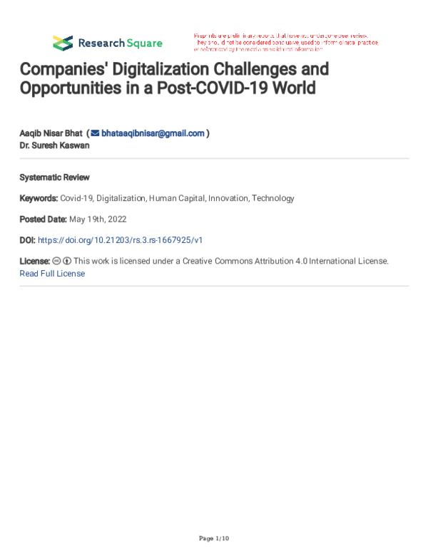 (PDF) Companies'Digitalization Challenges and Opportunities in A Post ...