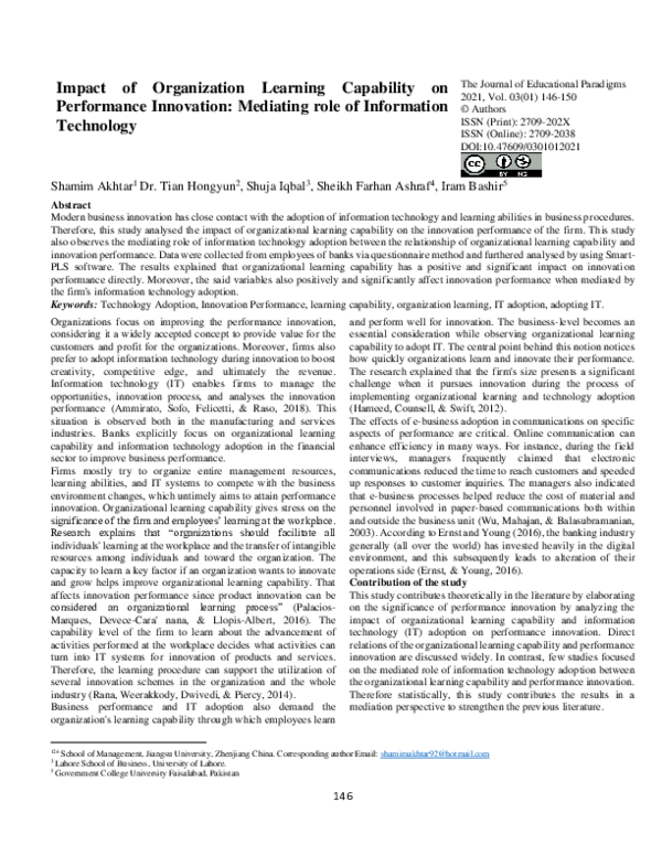 (PDF) Impact of Organization Learning Capability on Performance Innovation: Mediating role of ...