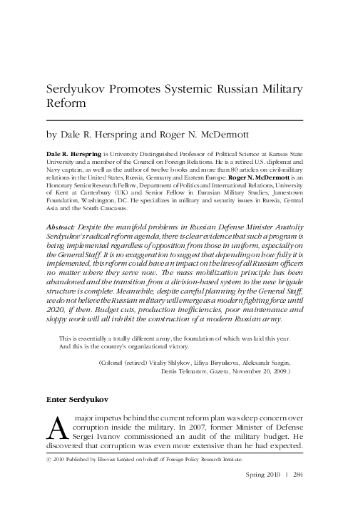 (PDF) Serdyukov Promotes Systemic Russian Military Reform